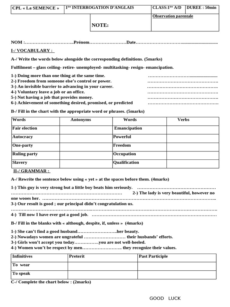 1ère INTERROGATION 1ère ACD | PDF | Semantic Units | Linguistic Typology