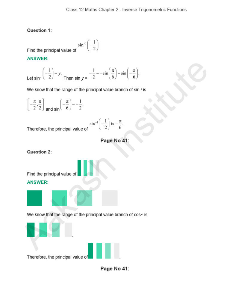 Class 12 Maths Chapter 2 Inverse Trigonometric Functions | PDF | Mathematical Analysis ...