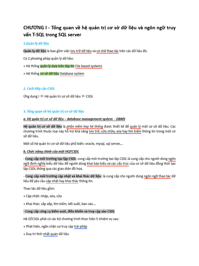 CHƯƠNG I - Tổng quan về hệ quản trị cơ sở dữ liệu và ngôn ngữ truy vấn ...