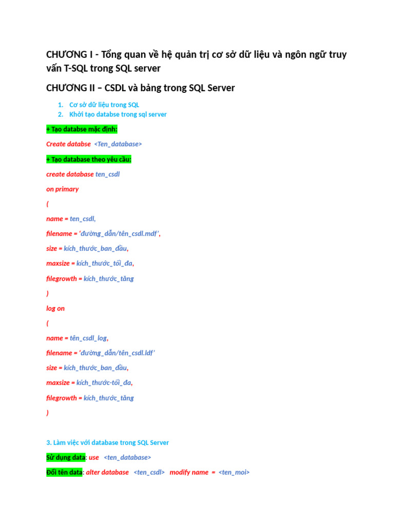 CHƯƠNG I - Tổng quan về hệ quản trị cơ sở dữ liệu và ngôn ngữ truy vấn T-SQL trong SQL server ...