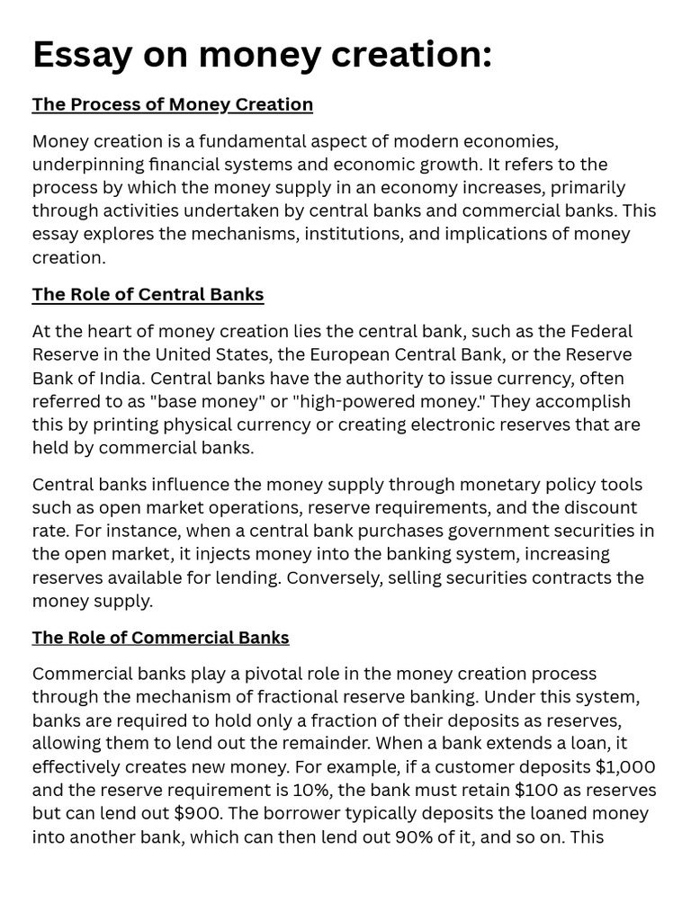 Essay on money creation | PDF | Money Creation | Central Banks