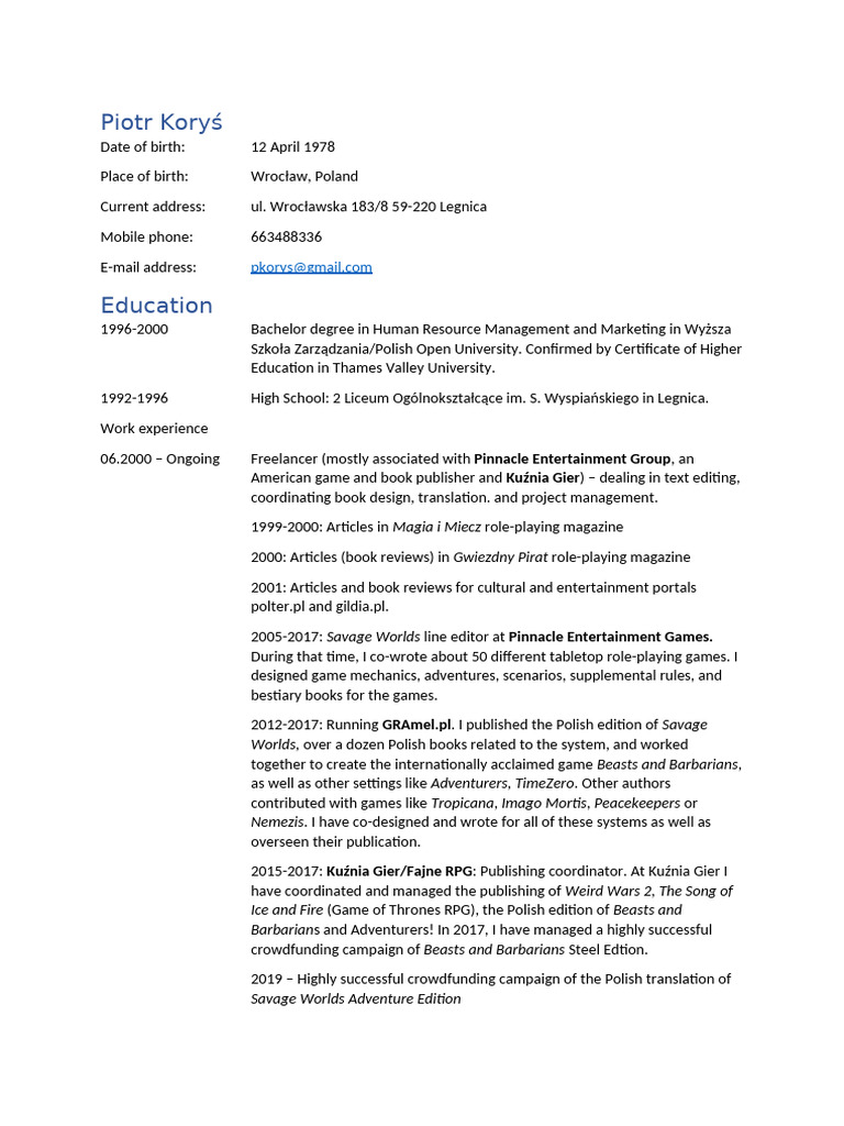 Piotr Koryś CV | PDF | Computing | Software