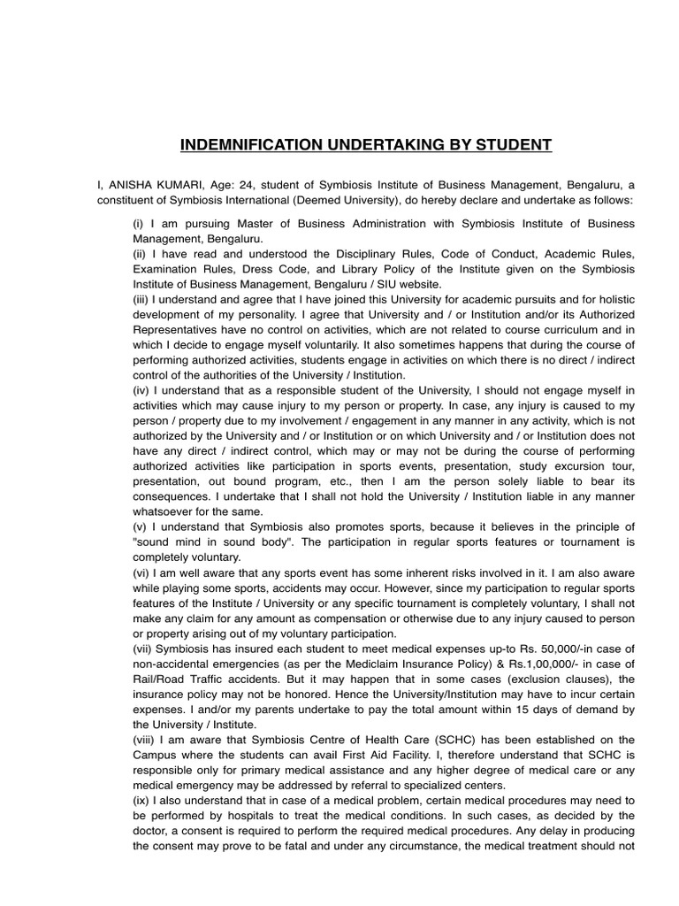 Student Indemnity Agreement | PDF