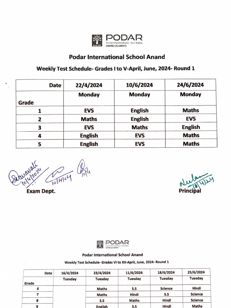 Weekly Test Schedule Grades 1 to 12 Round 1 2024 | PDF | Science
