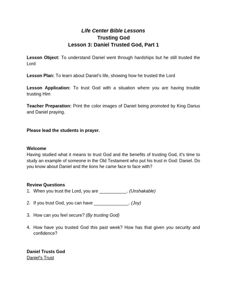Trusting God, Lesson 3, Daniel Trusted God Part 1 | PDF | Daniel ...