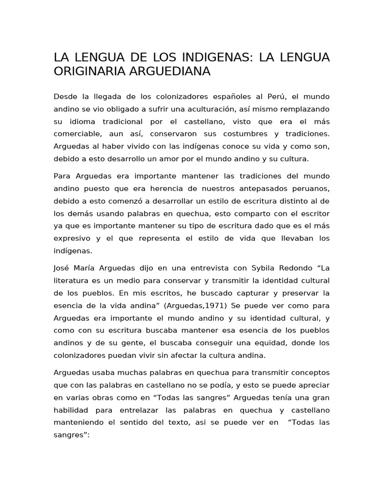 La Lengua de Los Indigenas La Lengua Originaria Arguediana | PDF | Lengua española