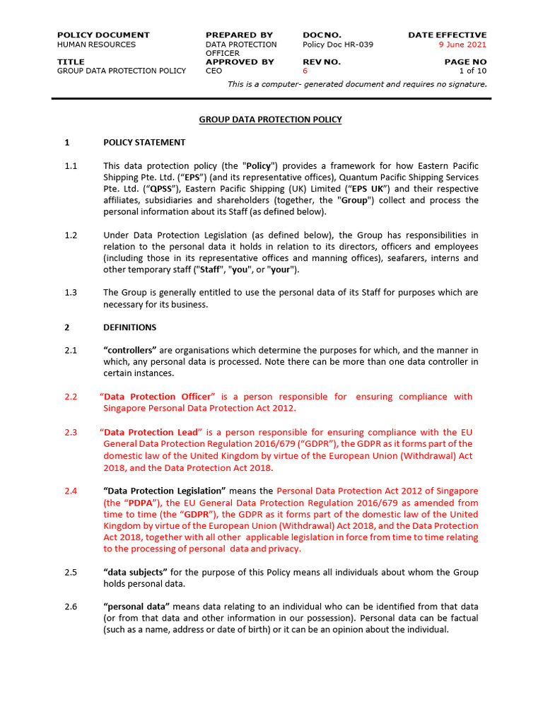 HR-039 - Group Data Protection Policy Rev6 | PDF | Information Privacy ...