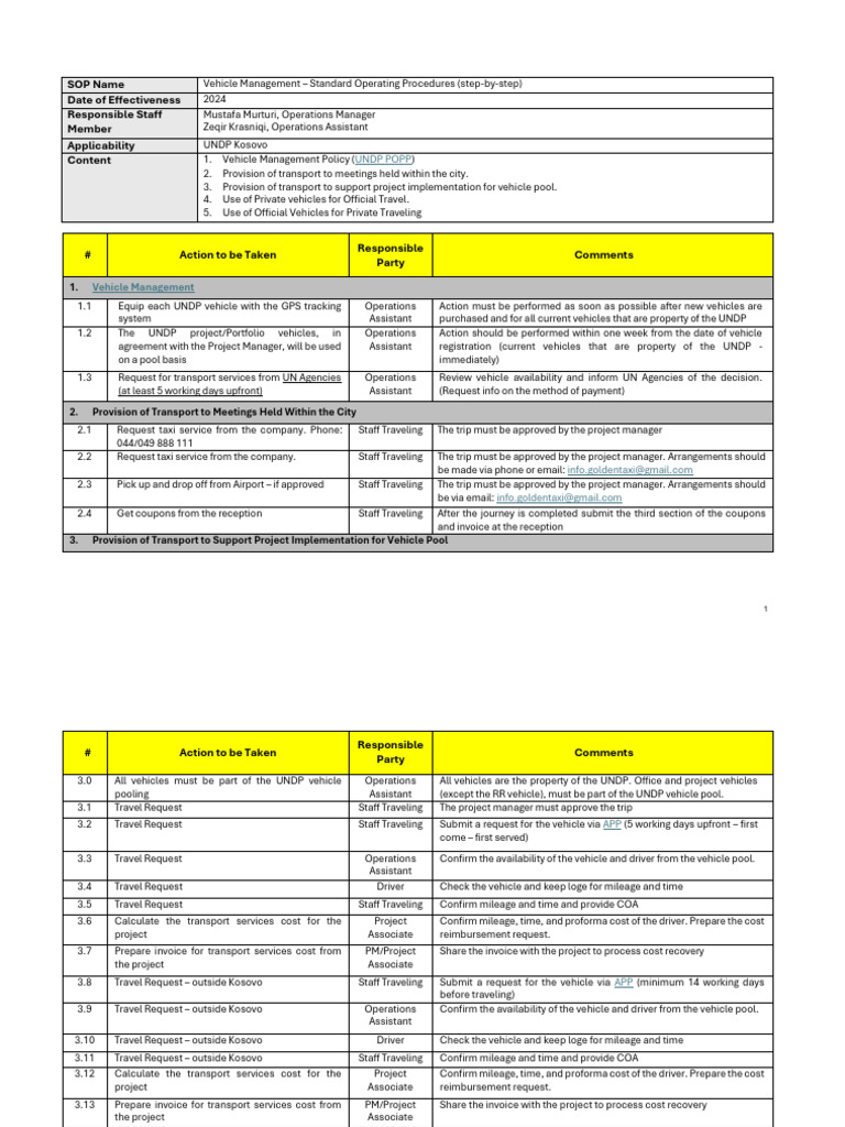 Vehicle Management SOPs | PDF
