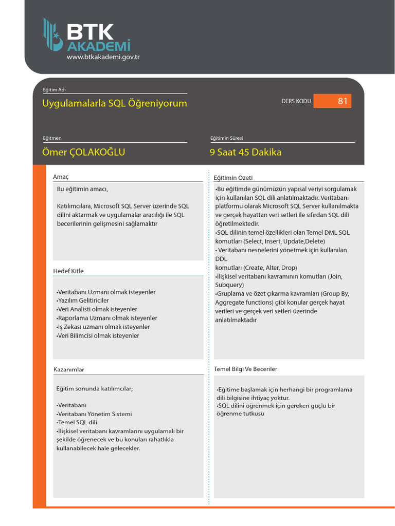 Uygulamalarla SQL Ogreniyorum Egitim Bilgi Formu 1 | PDF