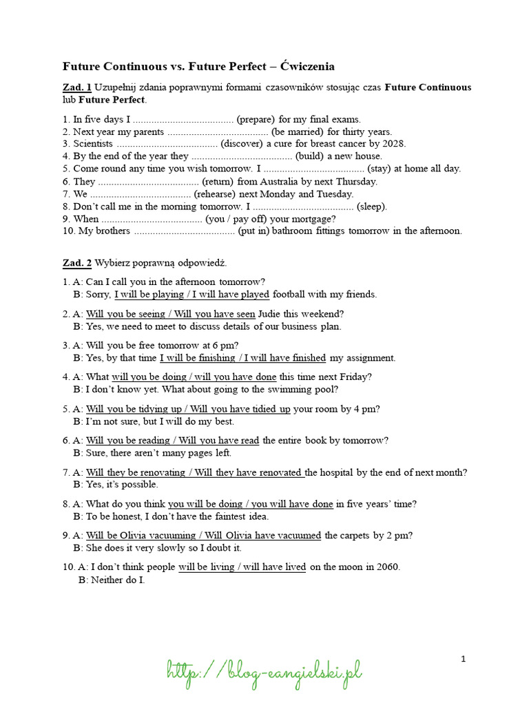 Future Continuous vs. Future Perfect - Ćwiczenia 1 | PDF