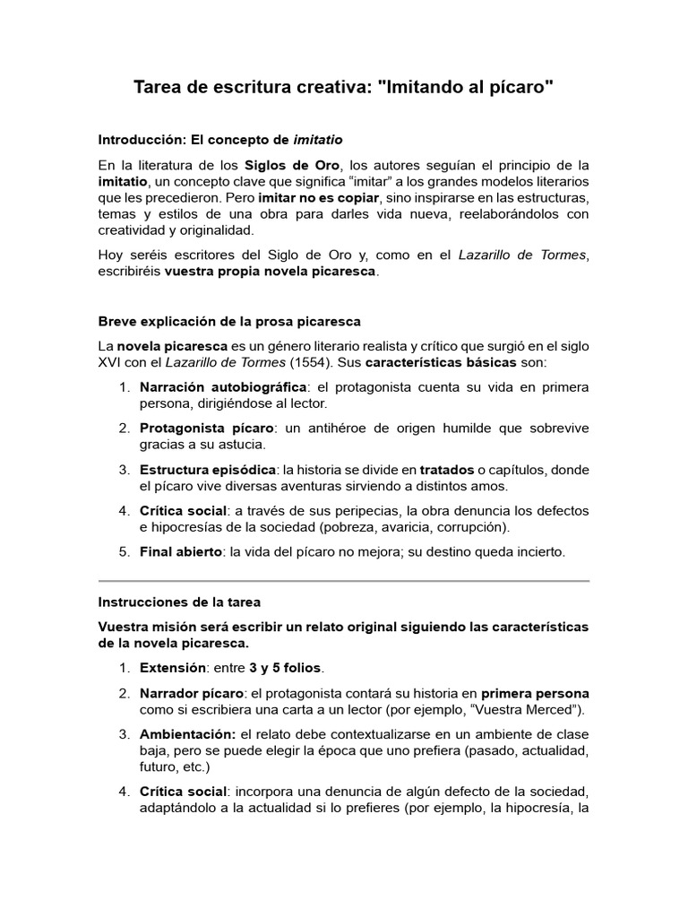 Tarea de Escritura Creativa. Imitando Al Pícaro | PDF | Novelas