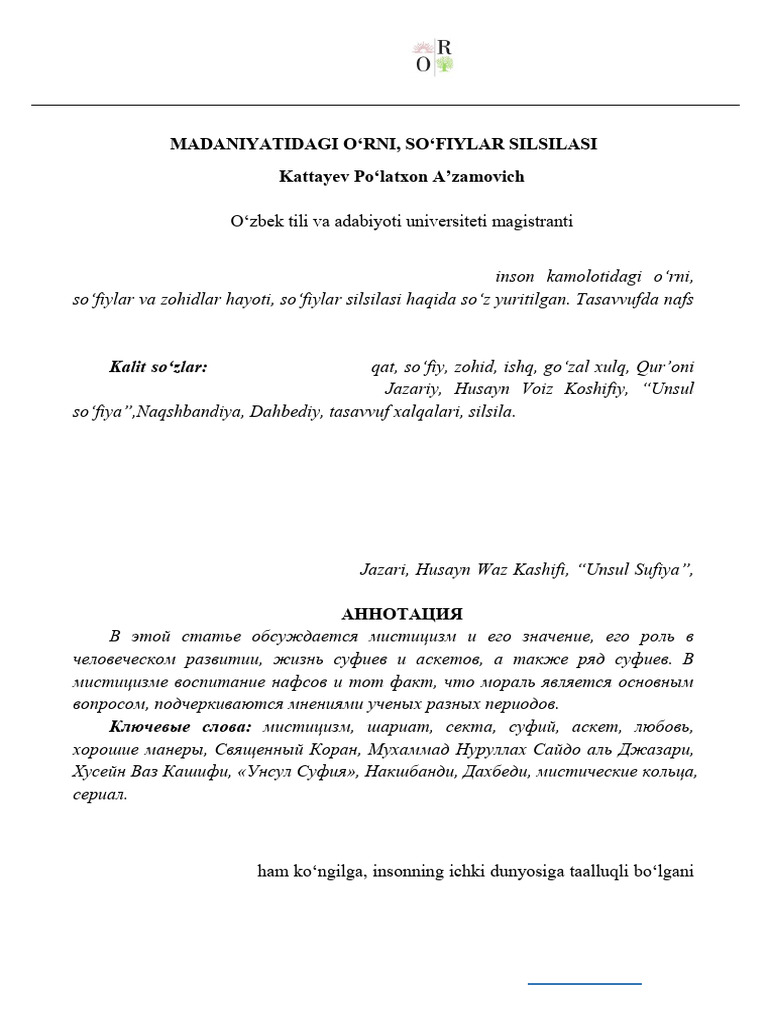 Tasavvuf Namoyondalarining Islom Dini Madaniyatidagi o Rni So Fiylar Silsilasi | PDF