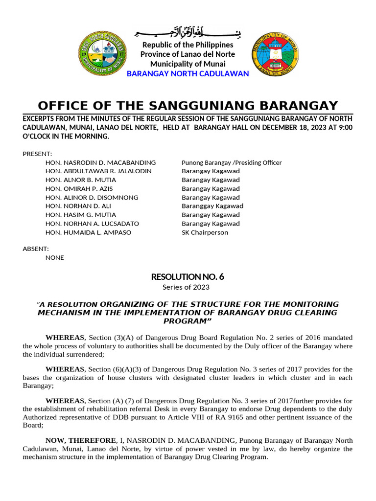 North Cadulawan Resolution For Drug Clearing | PDF | Drug ...