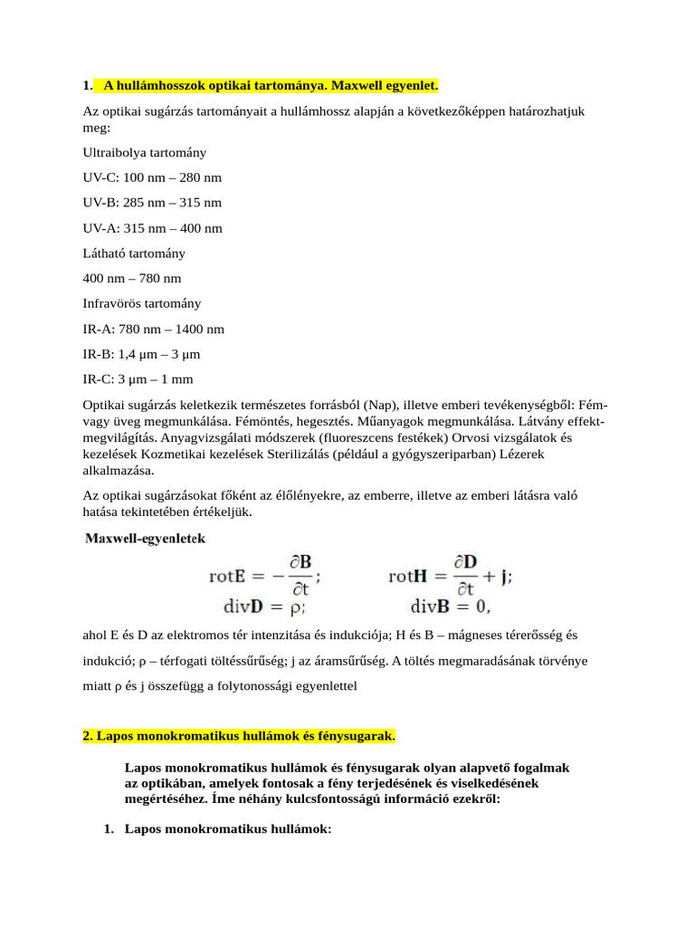 Fizika Optika Vizsgakérdések Összes | PDF