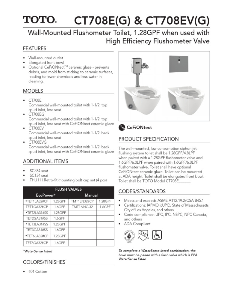 TOTO CT708E & CT708EV Wall-Mounted Toilet | PDF