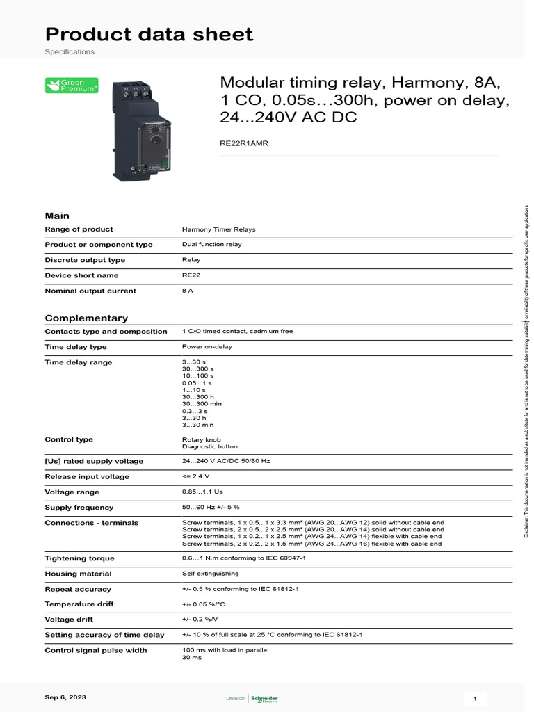 Harmony Timer Relay RE22R1AMR Specs | PDF | Relay | Electrical Components