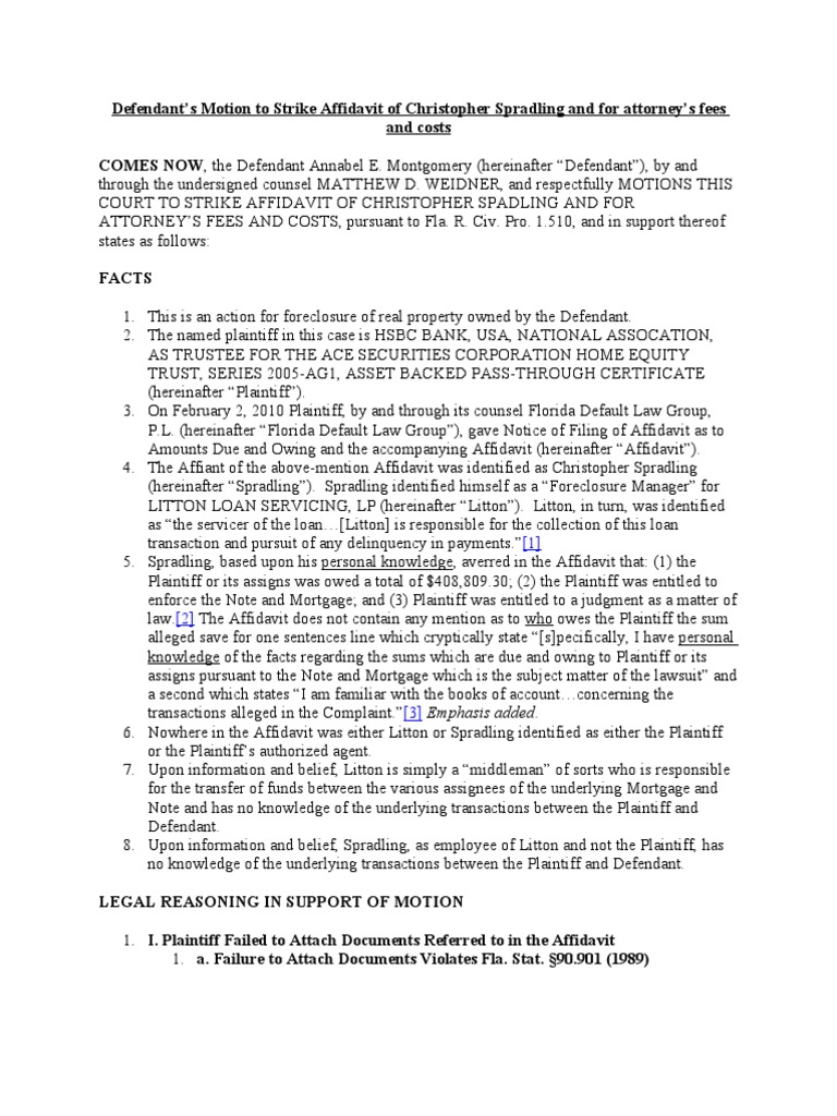 Motion to Strike Affidavit Florida | Hearsay | Affidavit