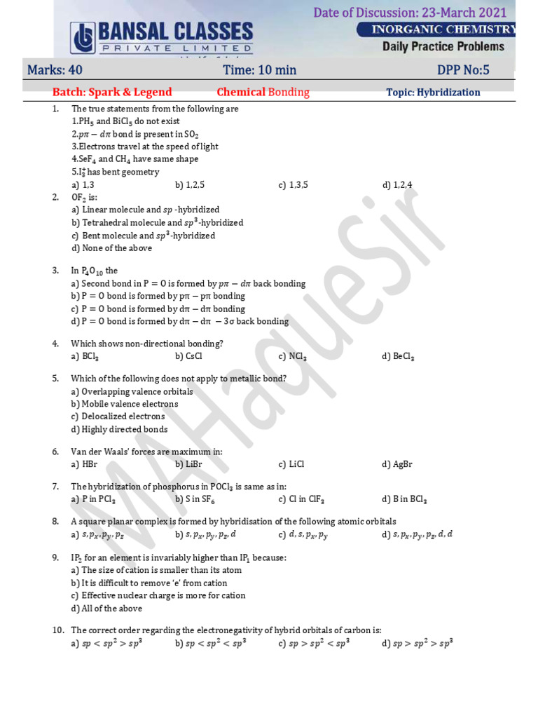 DPP 5 Chemical Bonding | PDF