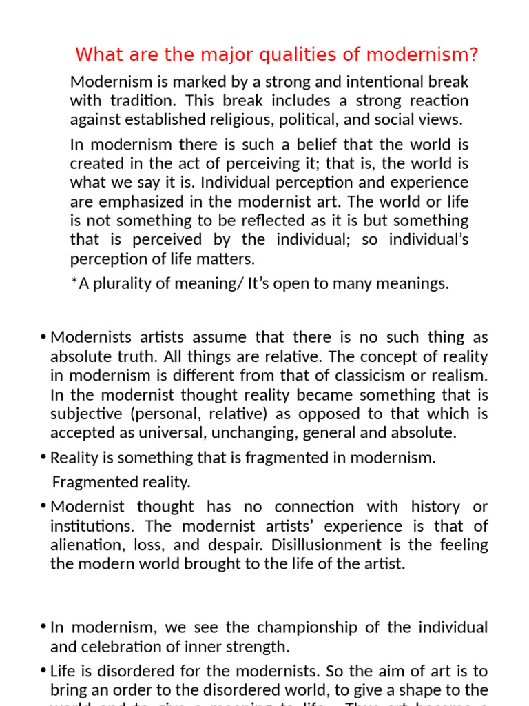Major Qualities of Modernism 2 | PDF | Literary Modernism | Reality