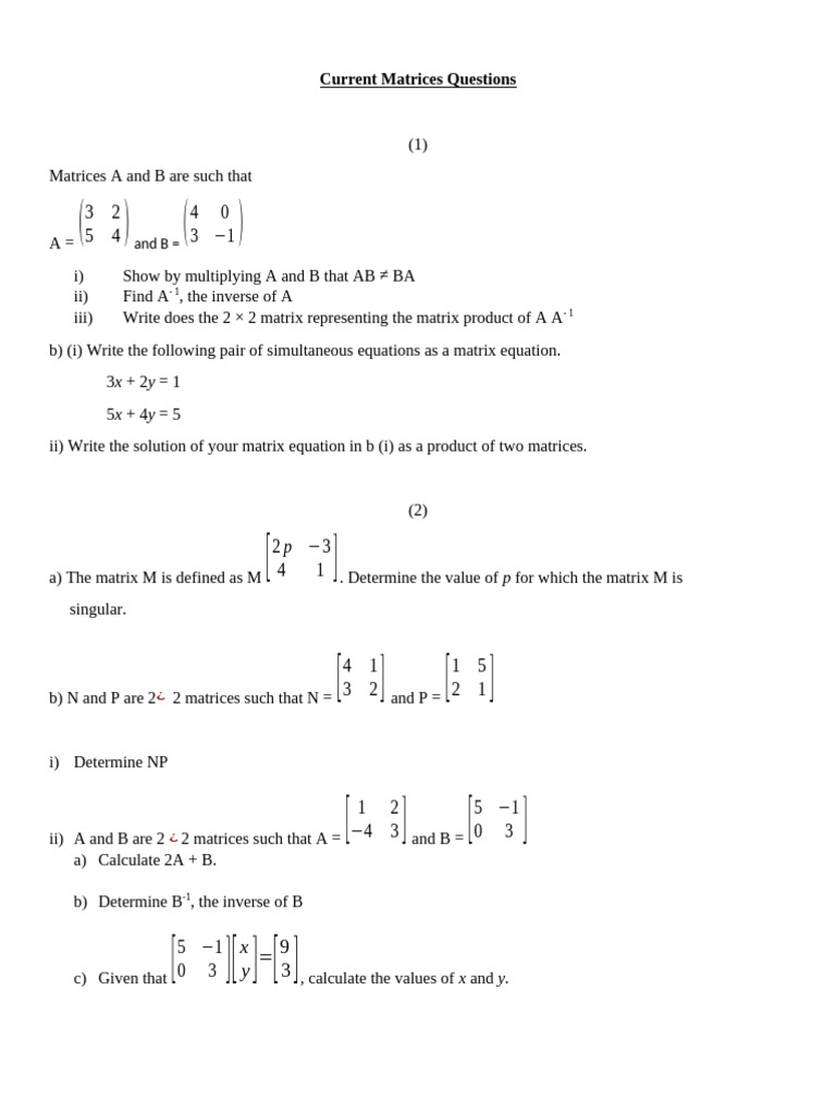 Current Matrices Questions | PDF | Matrix (Mathematics) | Mathematical ...