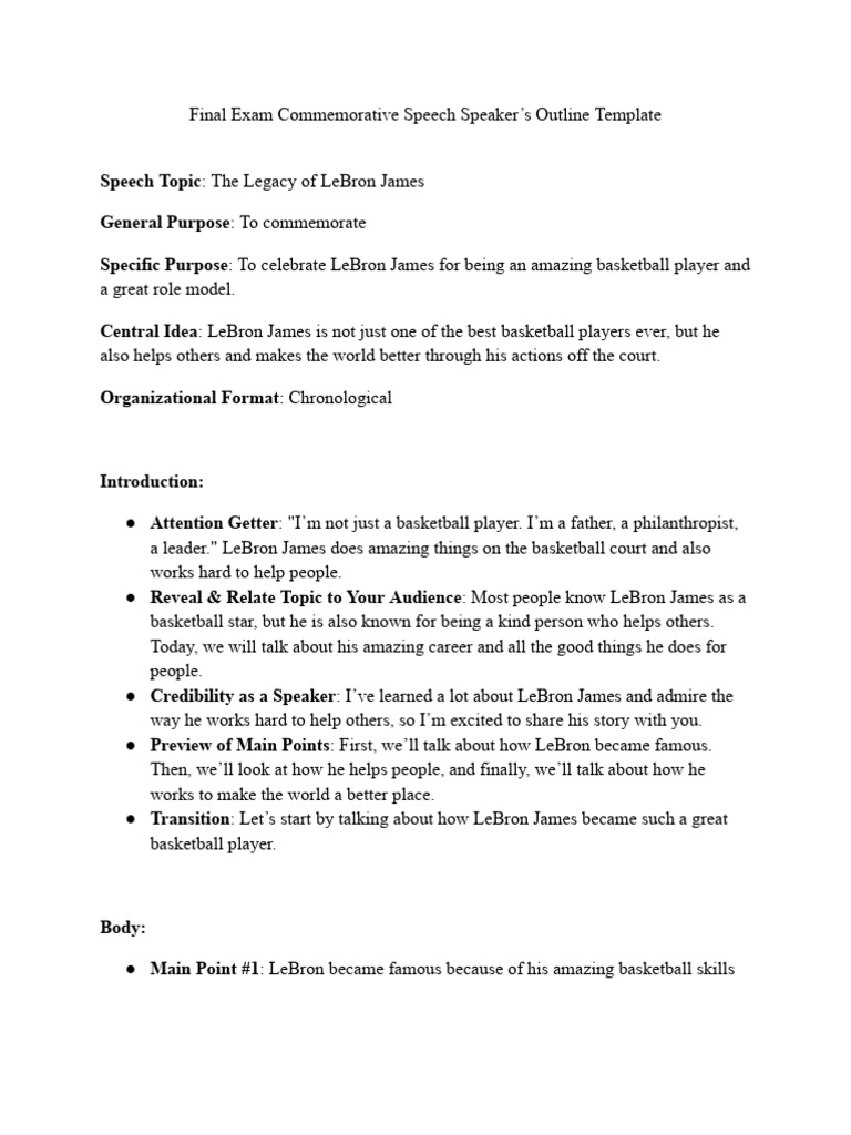 Final Exam Commemorative Speech Speaker's Outline Template | PDF | Le ...