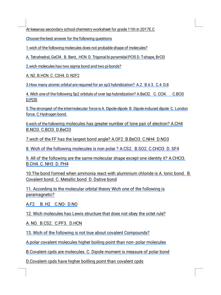 Grade 11 Chemistry Worksheet 2017 E.C. | PDF | Chemical Bond | Chemical ...