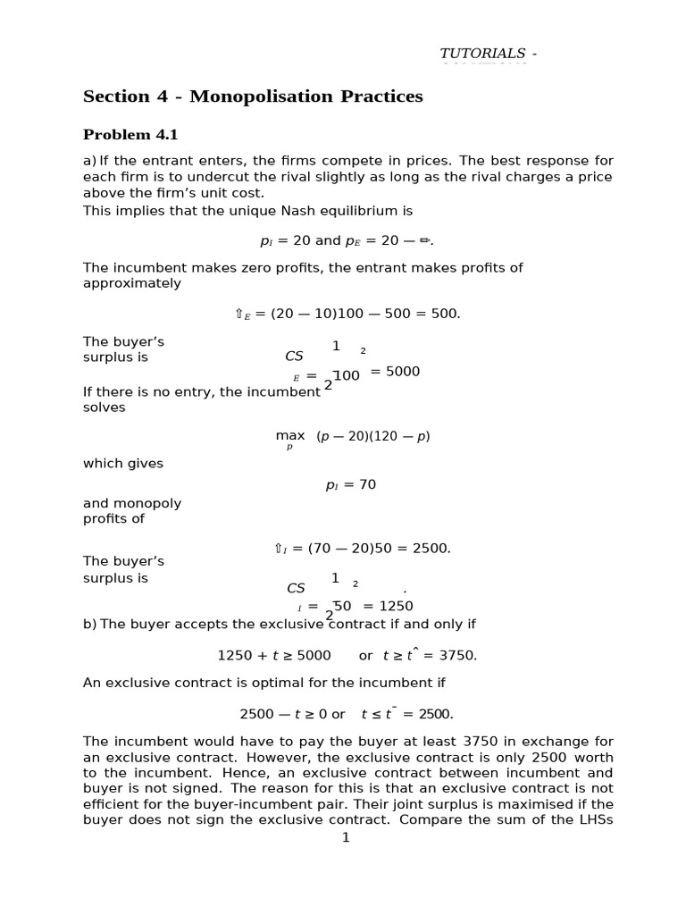 IND ORG Tutorial Solutions ECN | PDF | Profit (Economics) | Economic ...