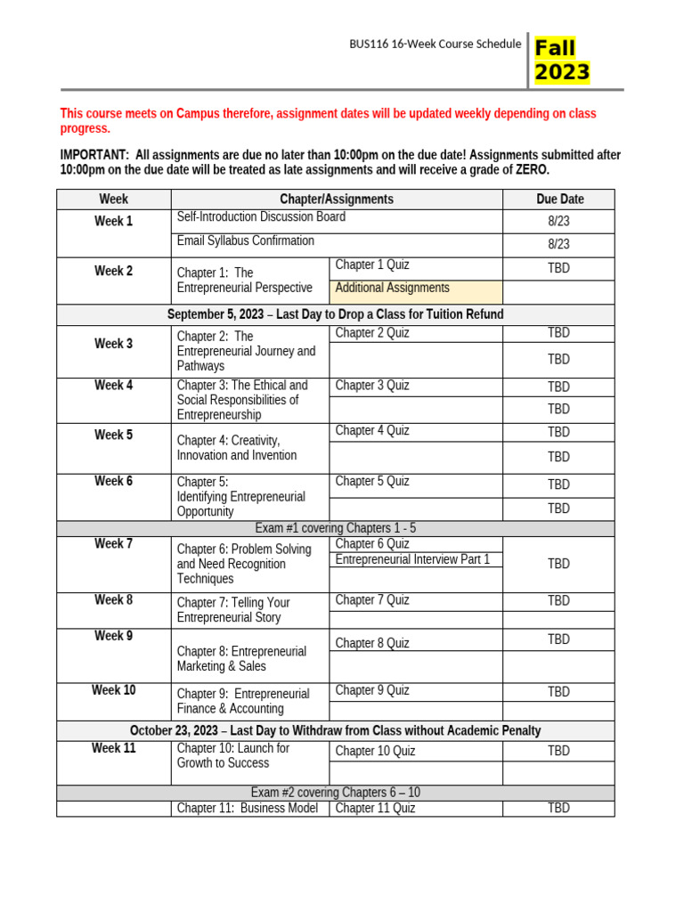 Gainey BUS116 16 Week Schedule | PDF | Entrepreneurship | Business