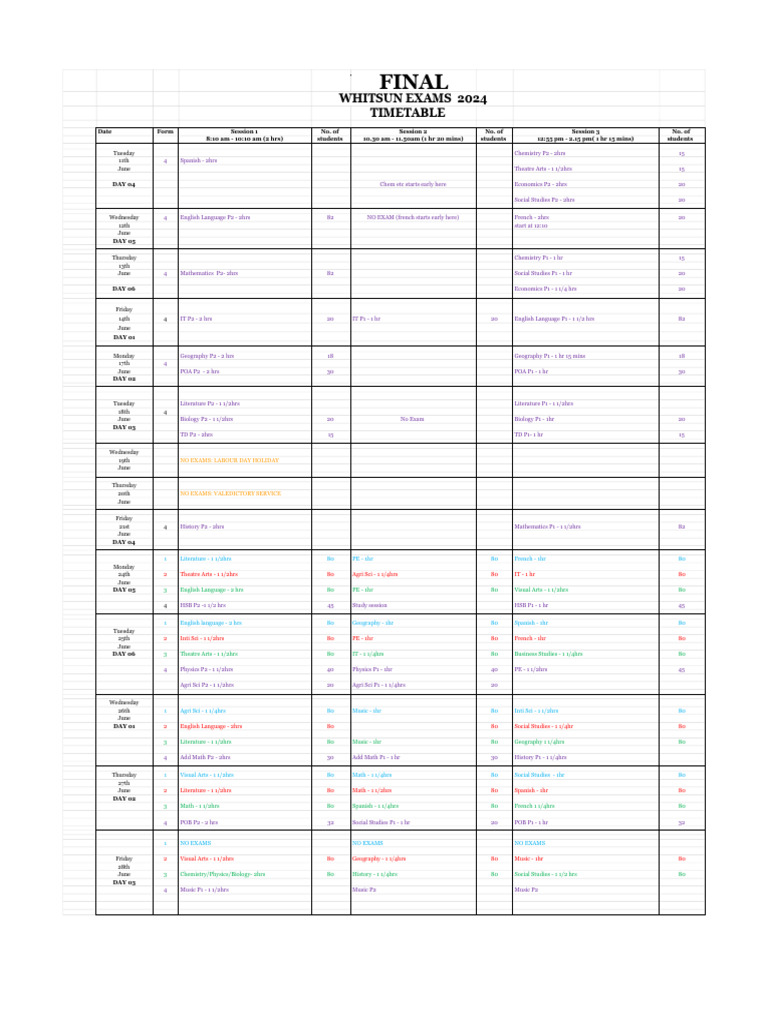 Timetable - Whitsun Exams 2024 | PDF | Science | Liberal Arts Education