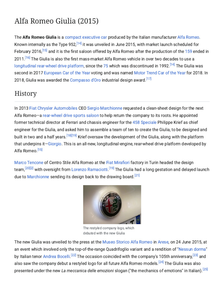 Alfa Romeo Giulia (2015) - Wikipedia | PDF | Vehicles | Luxury Vehicles