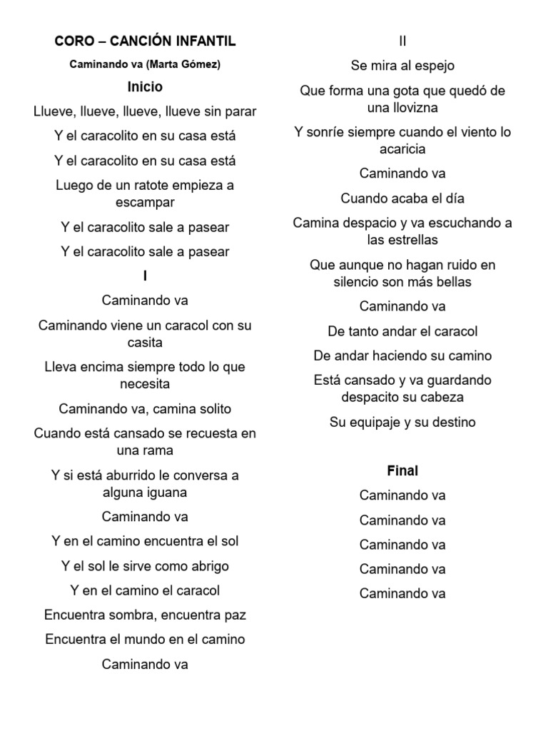 Letras de "Caminando Va" Infantil | PDF