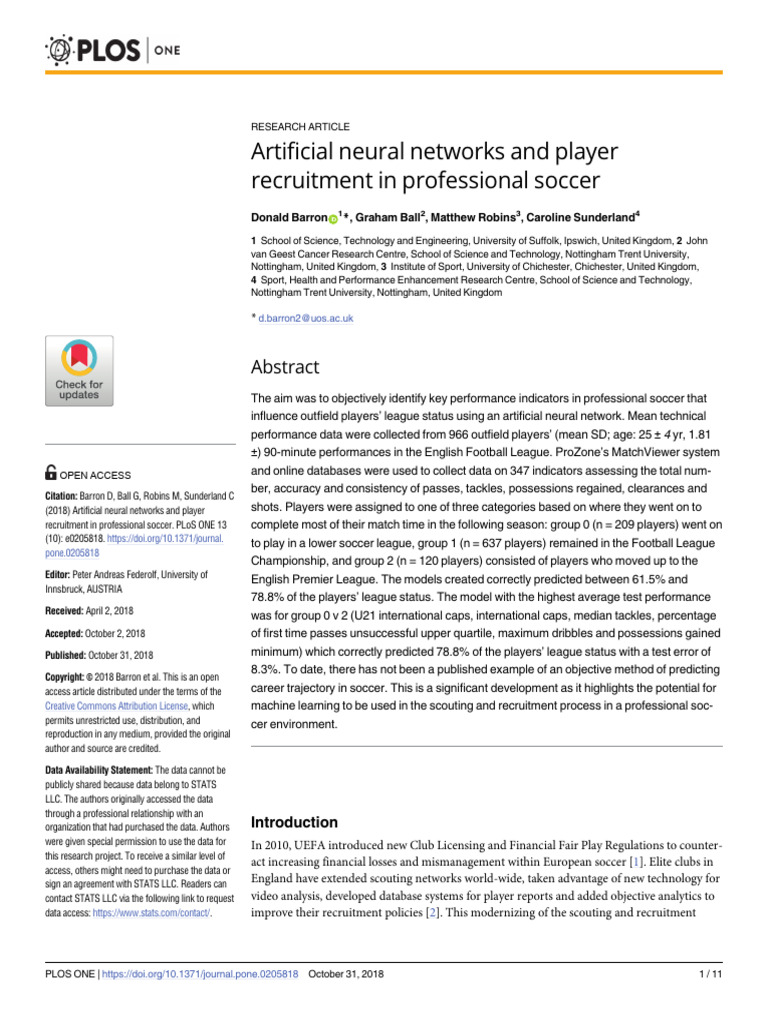 2018 - BARRON - Artificial Neural Networks and Player Recruitment in Professional Soccer | PDF ...