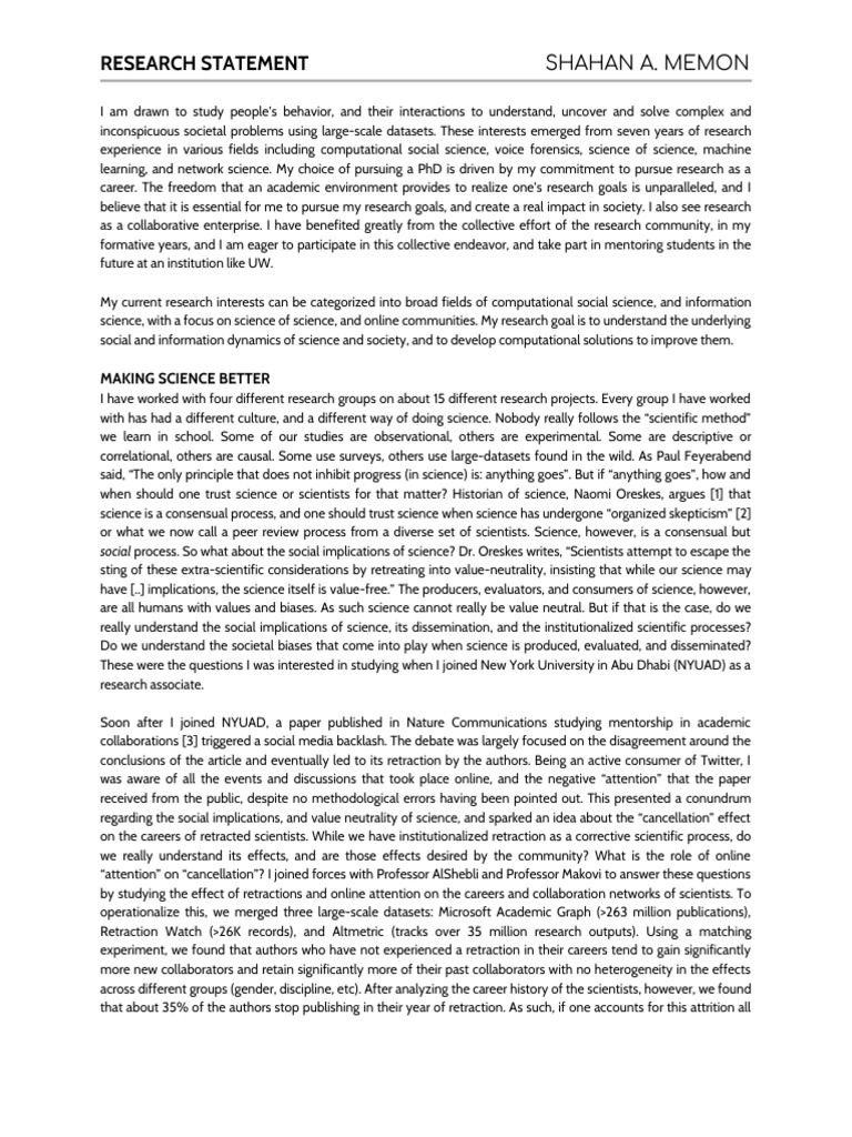 Shahan A. Memon's Research Statement | PDF | Science | Scientific Method