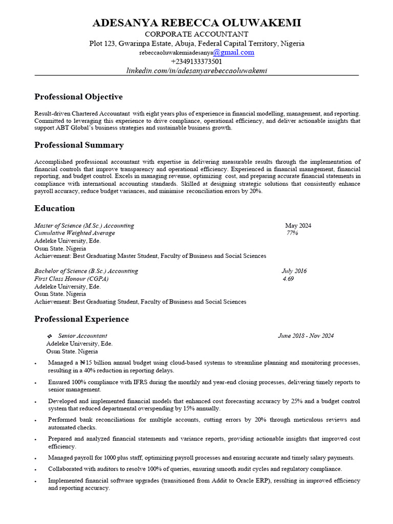 ABT Resume - Adesanya Rebecca Oluwakemi | PDF | Audit | Enterprise ...