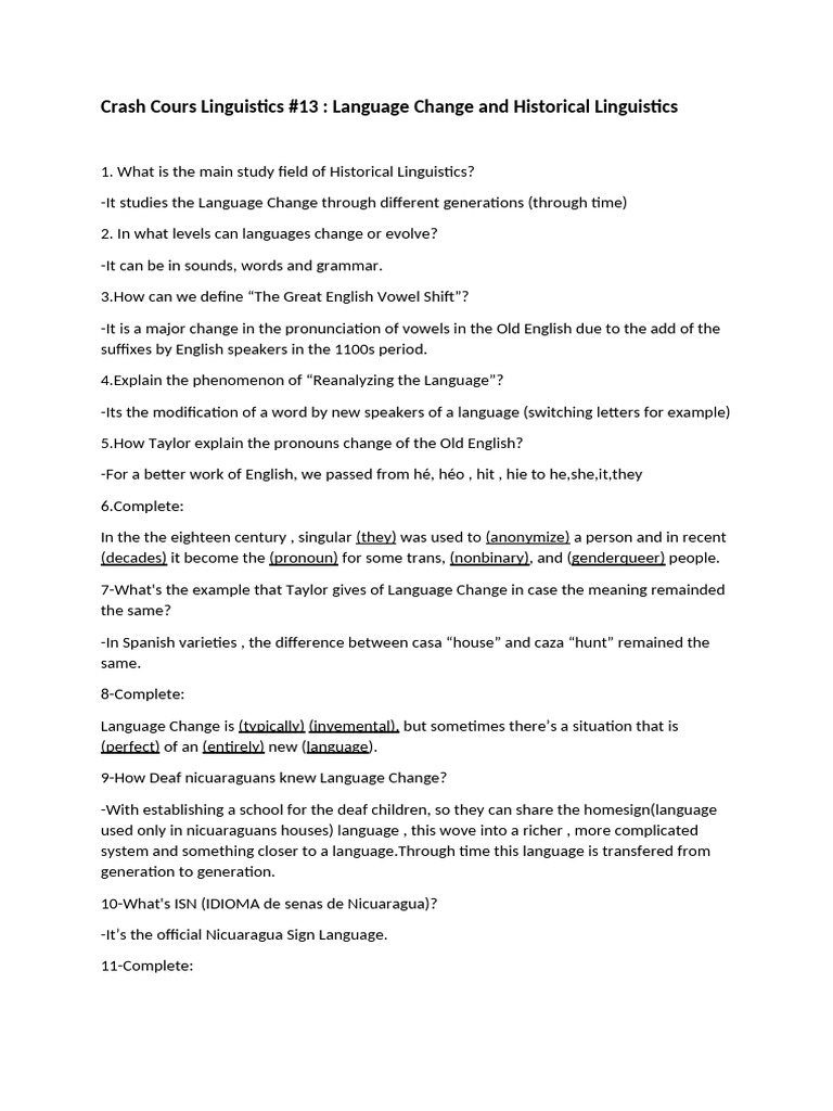 Crash Cours Linguistics #13 Language Change and Historical | PDF ...