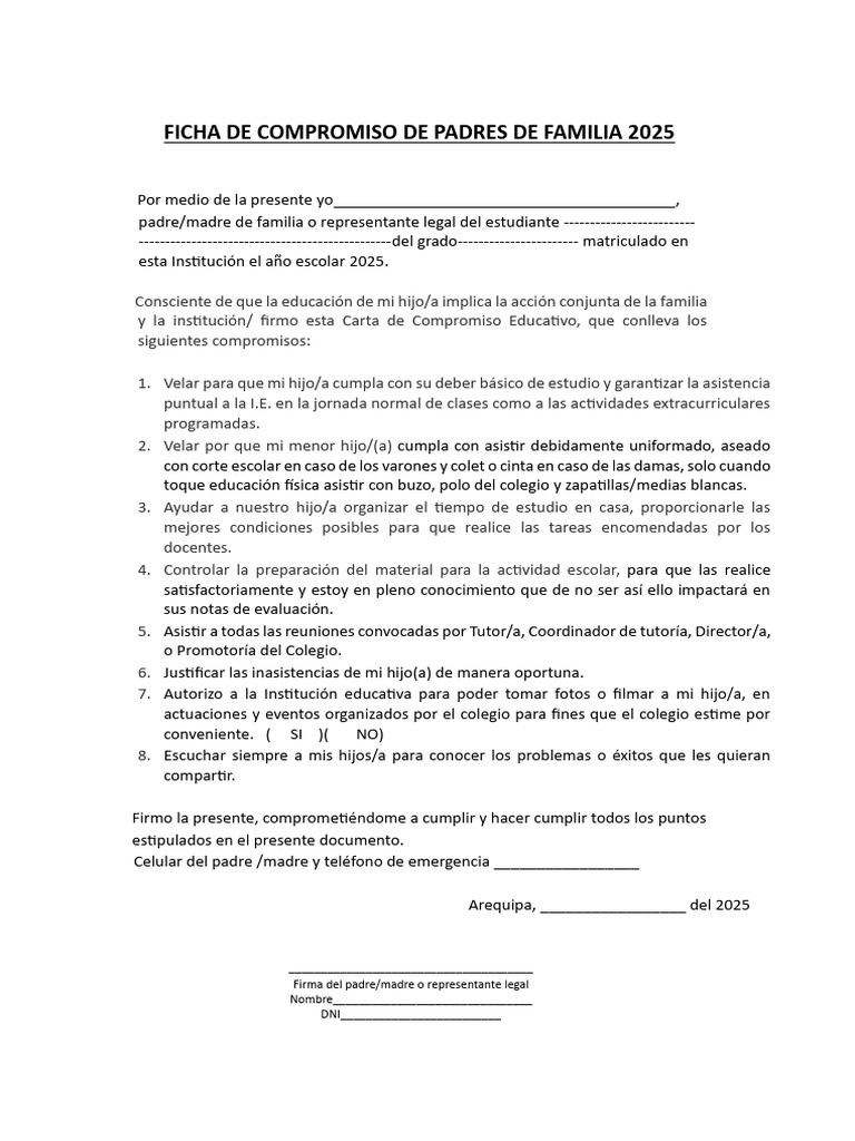 Modelo De Acta De Compromiso De Padres De Familia El Rinc N De Loscarta Compromiso Escolar