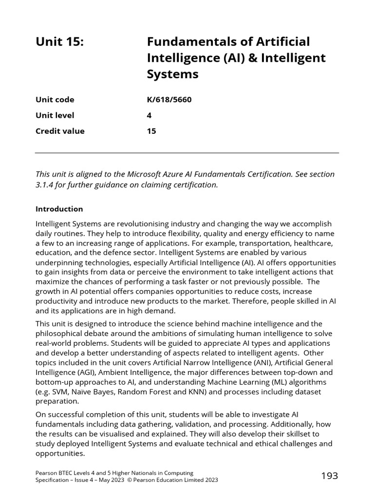 Unit 15 Fundamentals of Artificial Intelligence and Intelligent Systems RQF22 | PDF | Artificial ...