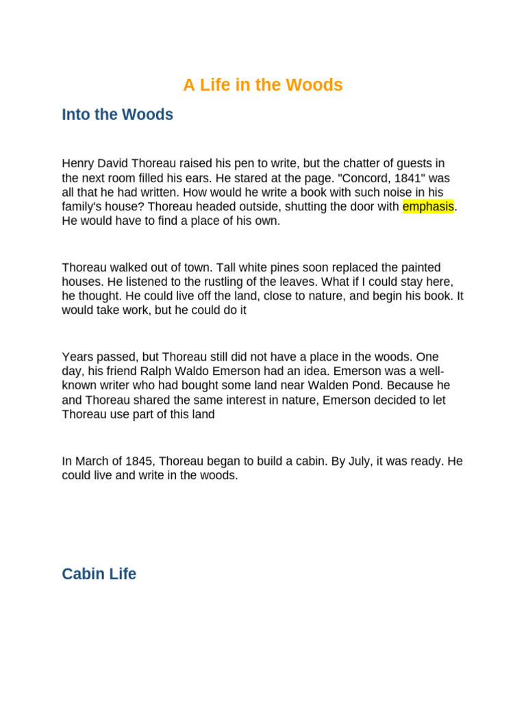 U1W1D1 Reading A Life in The Woods | PDF | Walden | Henry David Thoreau