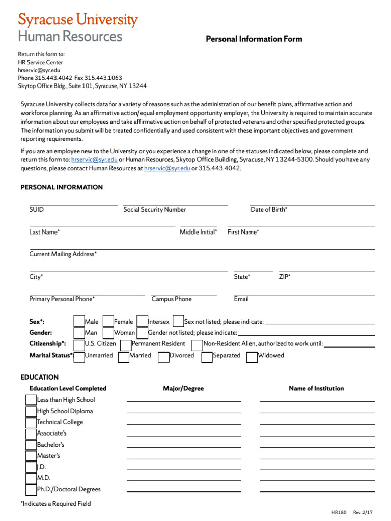 Syracuse University Personal Info Form | PDF | Race And Ethnicity In ...