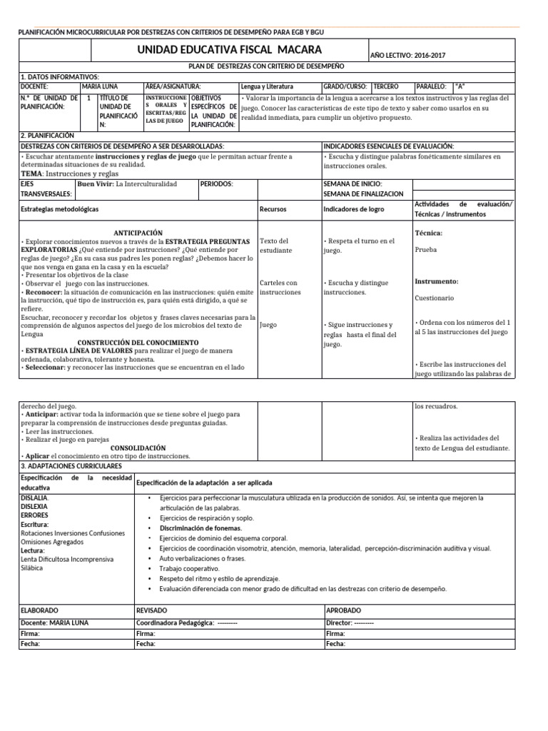 1 PLAN DE DESTREZAS Lenguaje Foro | PDF | Caso de carta | Dislexia