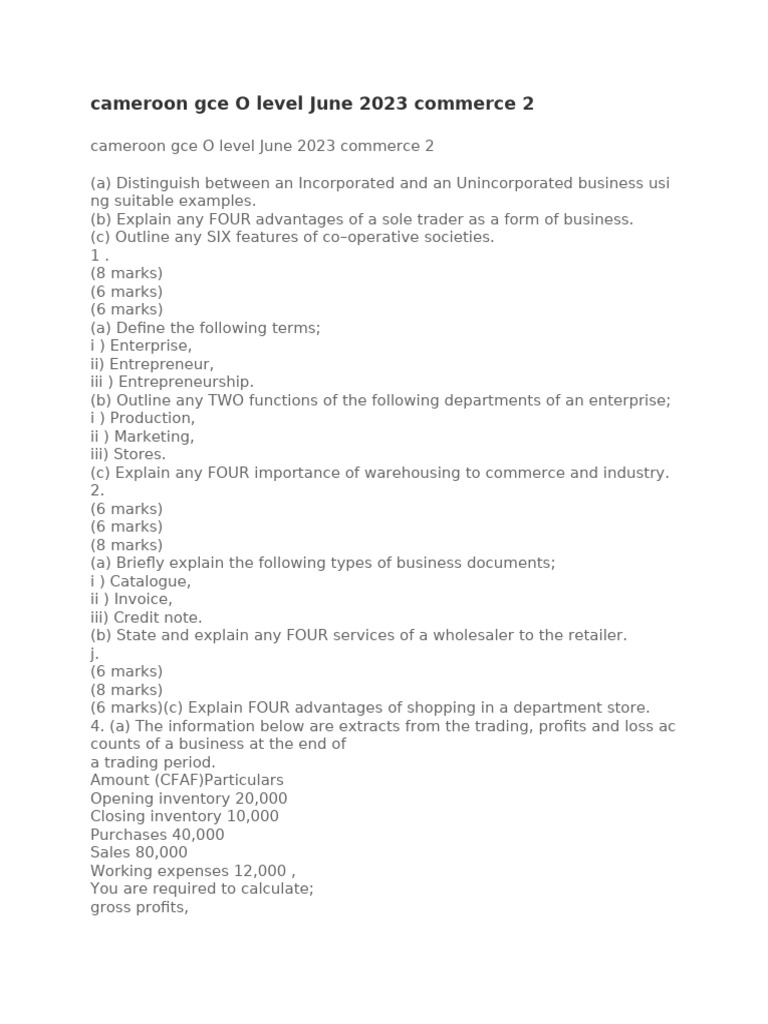 Past GCE Questions Commerce | PDF | Commerce | Cheque