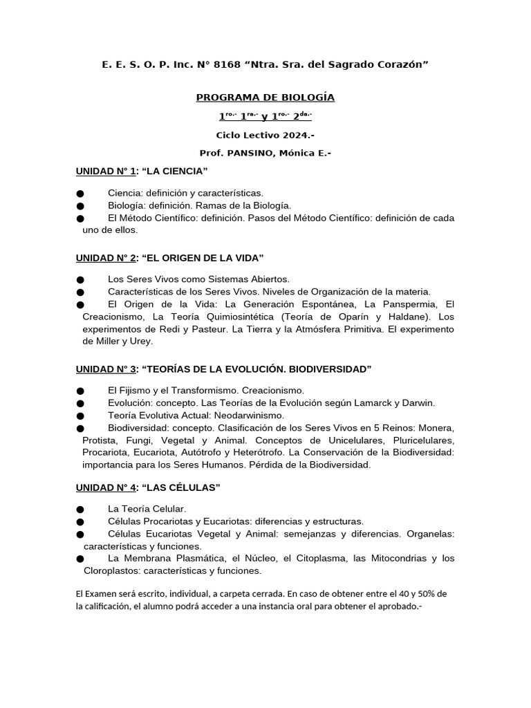 Programa de Examen Biología 1ros. Años Dic24-Febr.25 Sagrado - Docxeditado | PDF