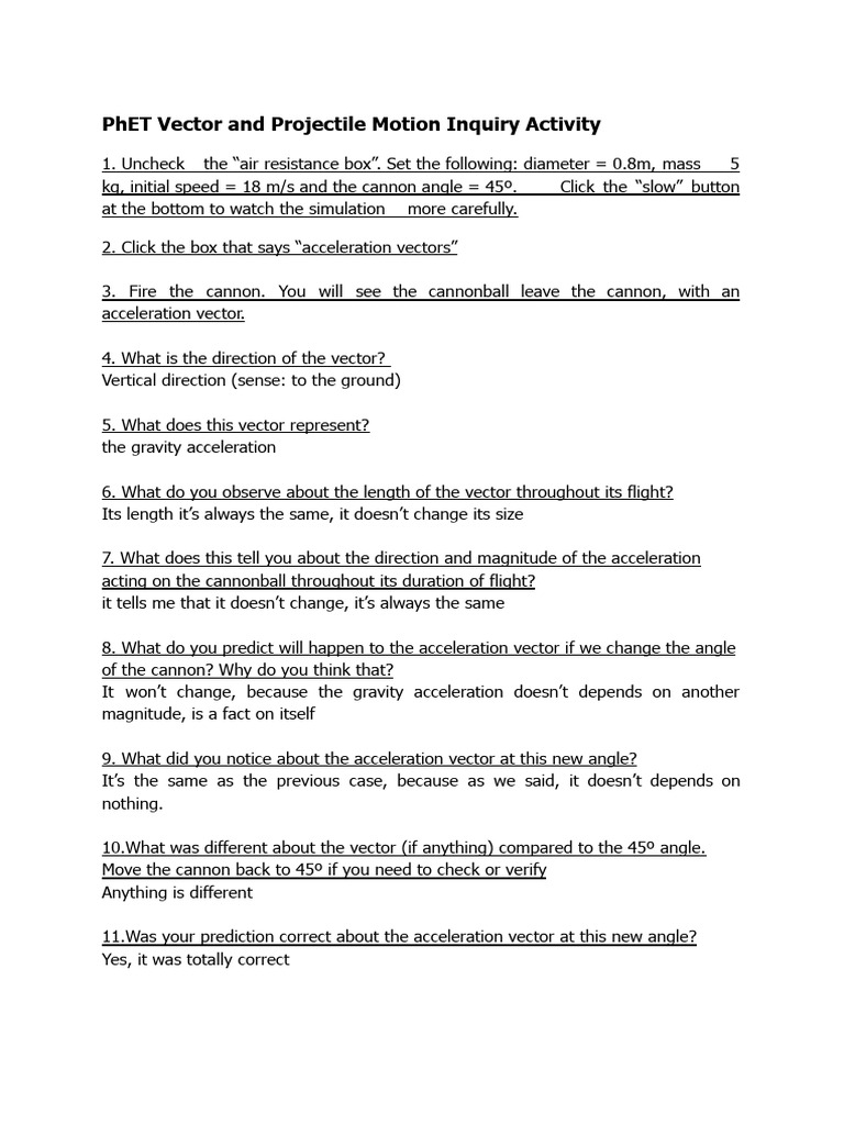 PhET Vector and Projectile Motion Inquiry Activity | PDF | Acceleration | Velocity