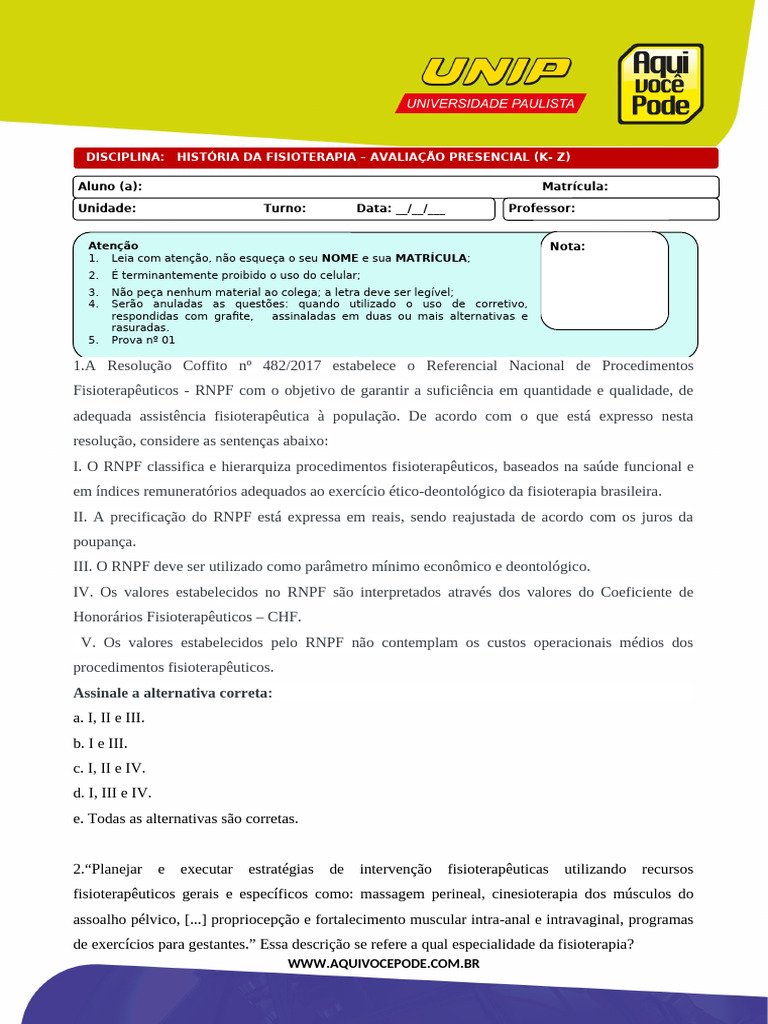 PROVA K - Z Hist Fisio | PDF | Fisioterapia | Terapia ocupacional