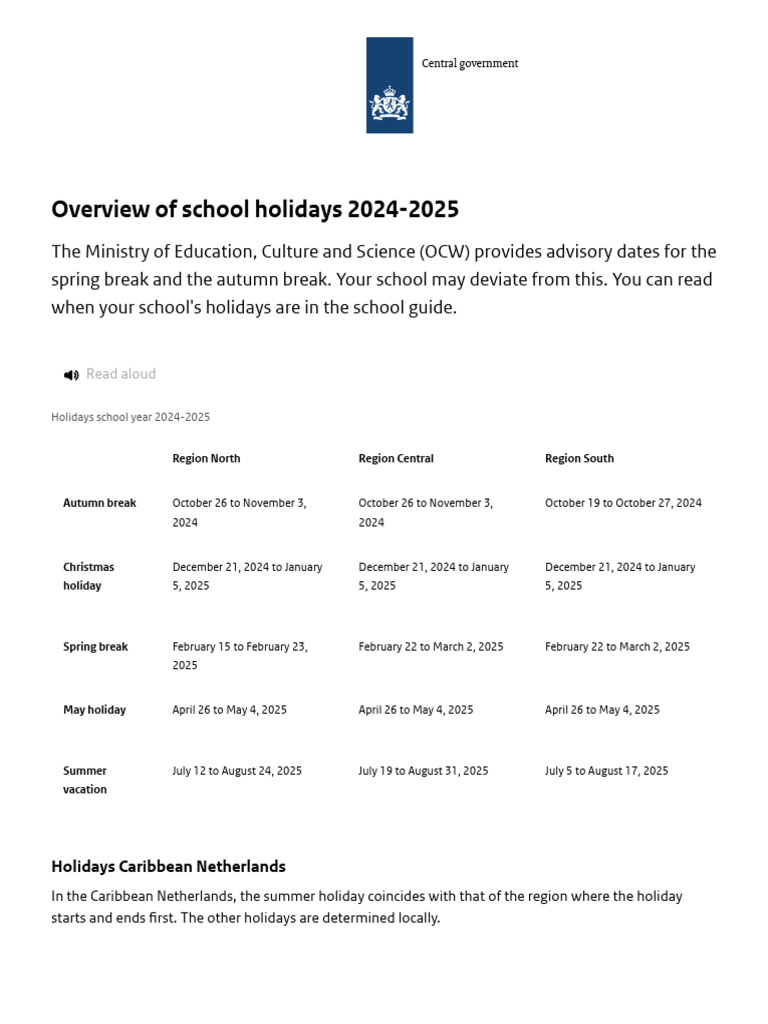 Overview of School Holidays 2024-2025. | PDF