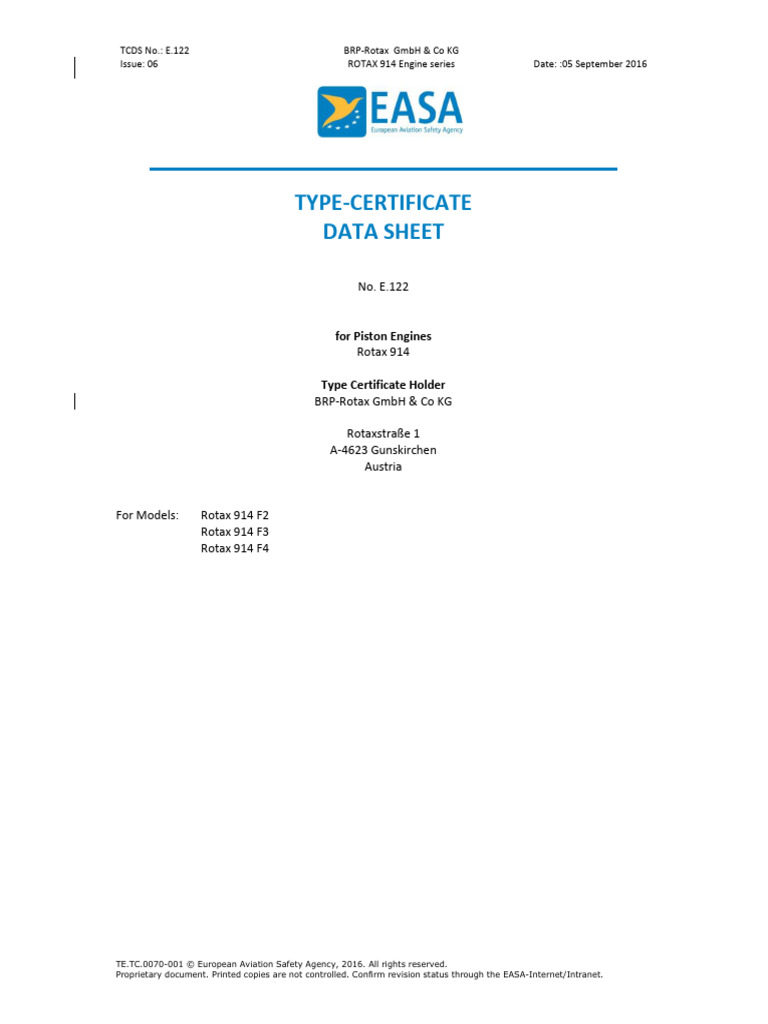 Rotax 914 Engine Type Certificate E.122 | PDF | Engines | Engine Technology