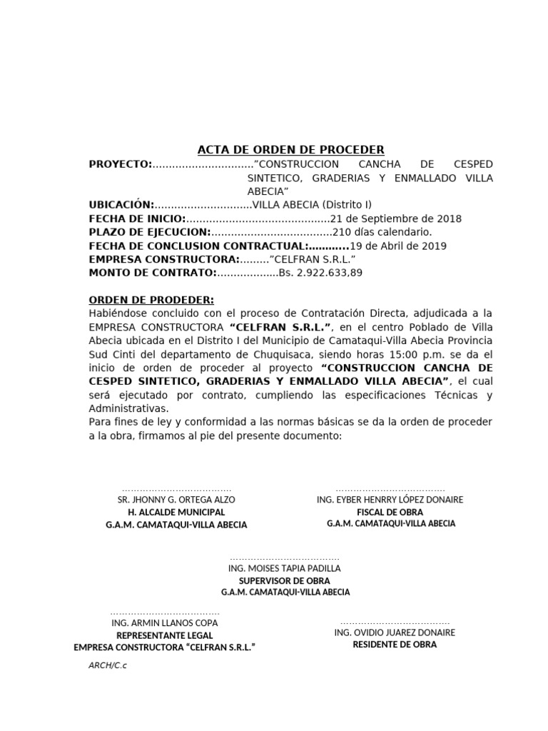 Orden de Proceder Construccion Cancha de Cesped Sintetico Graderias y Enmallado Villa Abecia | PDF