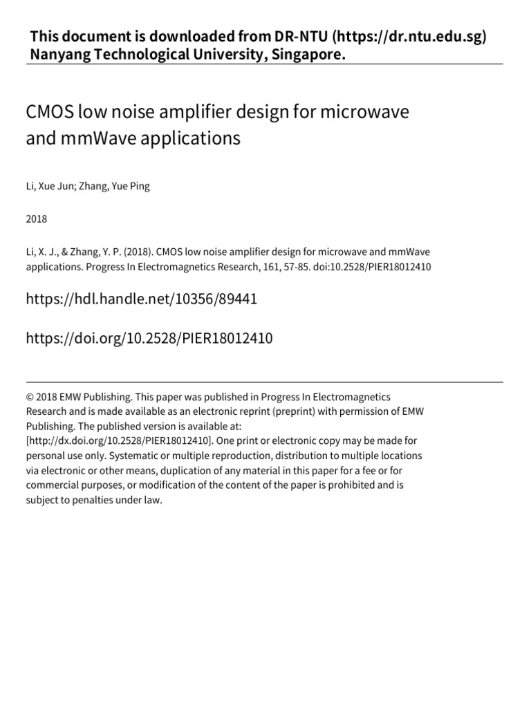 CMOS Low Noise Amplifier Design For Microwave and Mmwave Applications - Li, Xue Jun Zhang, Yue ...
