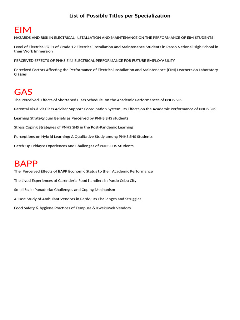 List of Possible Titles Per Specialization PDF | PDF