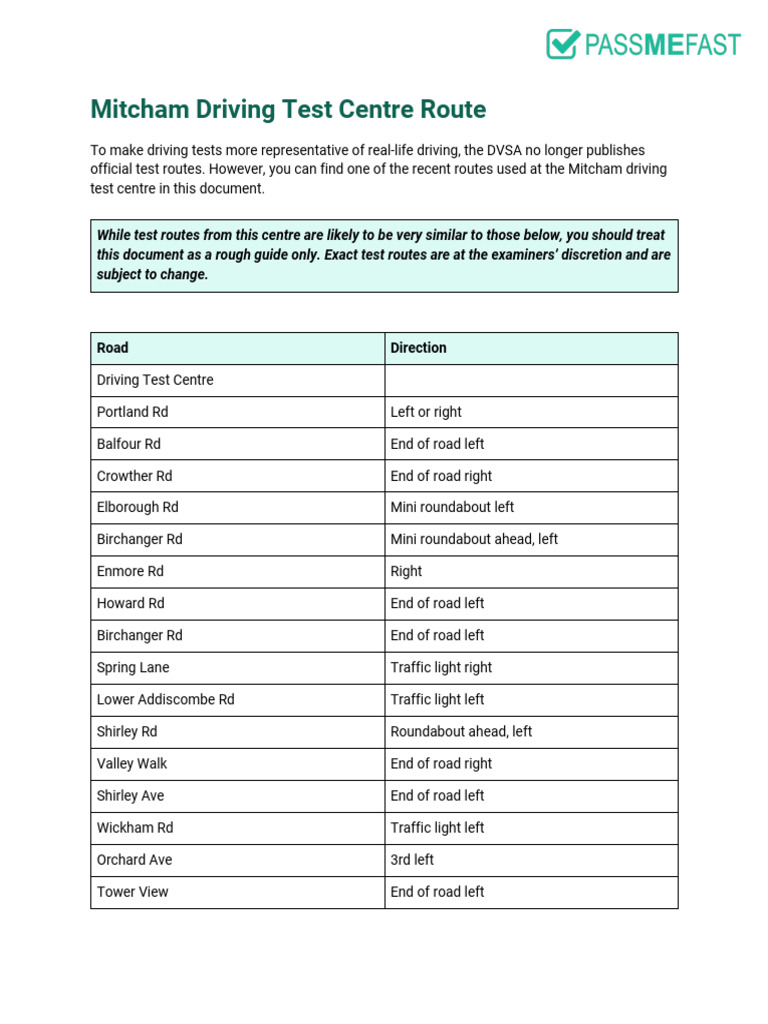 Mitcham Driving Test Routes | PDF